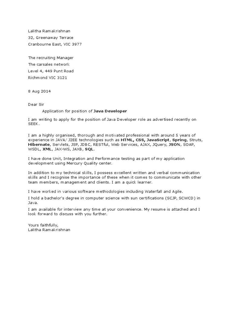 CoverLetter LalithaRamakrishnan Java 5yrs Exp | PDF