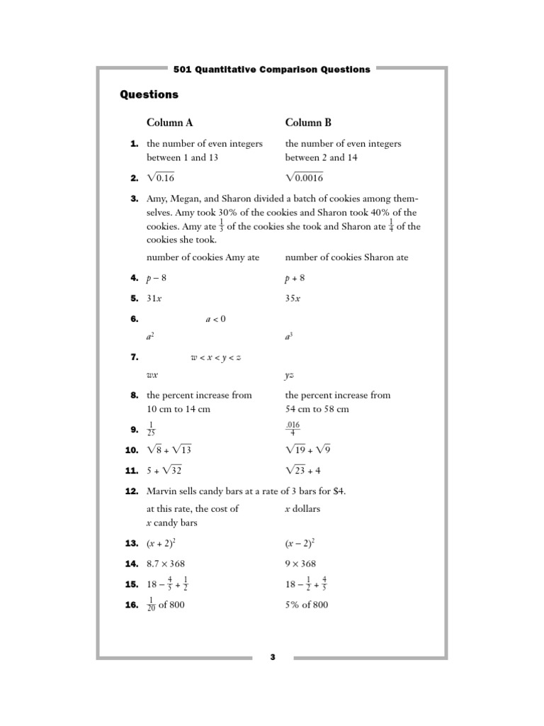 501 Quantitative Comparison Questions - ALGEBRA | PDF | Inequality ...