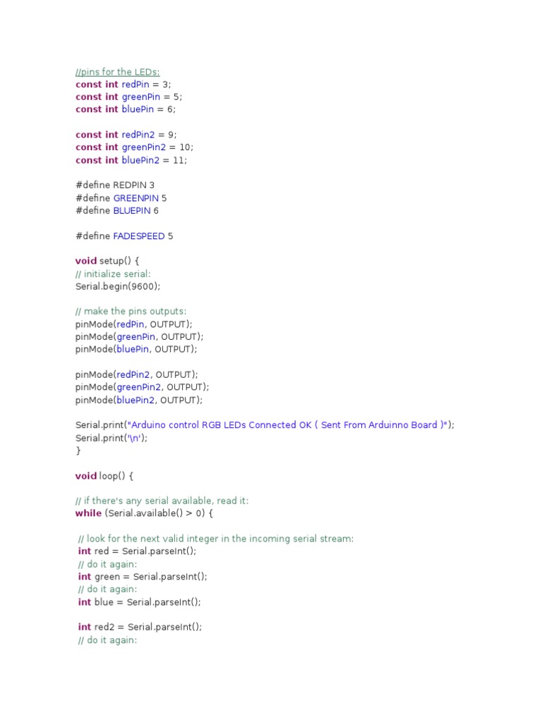 Arduino RGB LED Control Code | PDF | Technology & Engineering