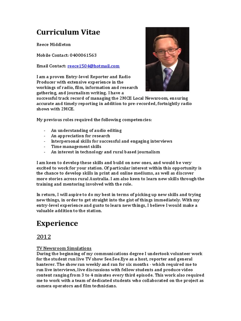 Curriculum Vitae Reece Middleton | PDF | News | Journalism
