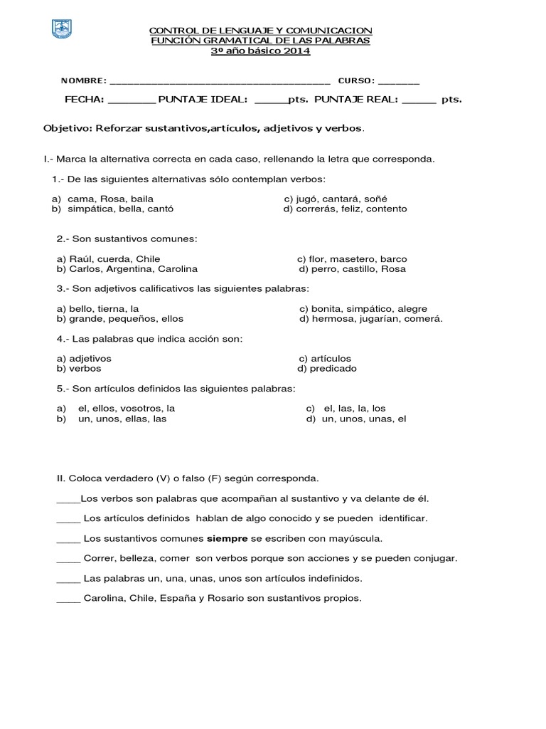 PRUEBA de LENGUAJE Adjetivos, Sustantivos, Articulos, Verbos | PDF ...