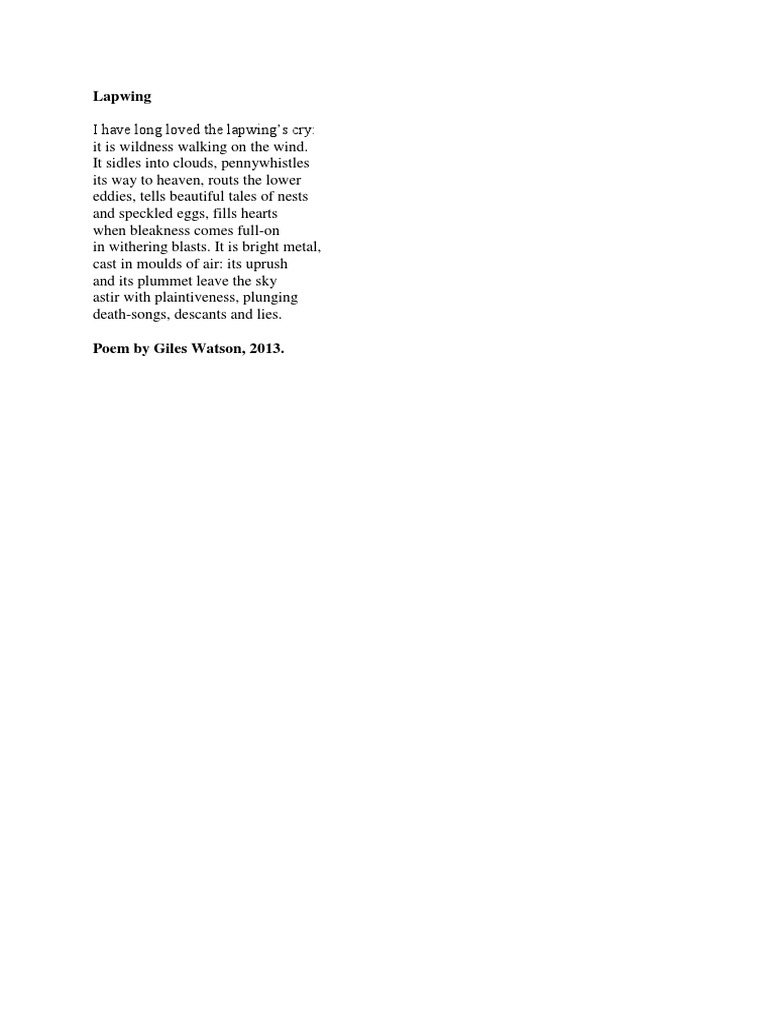 Lapwing Poem for Std 12 English | PDF