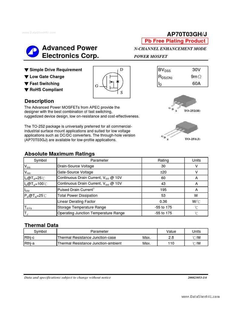 Datasheet 70 T03 GH | PDF | Field Effect Transistor | Mosfet