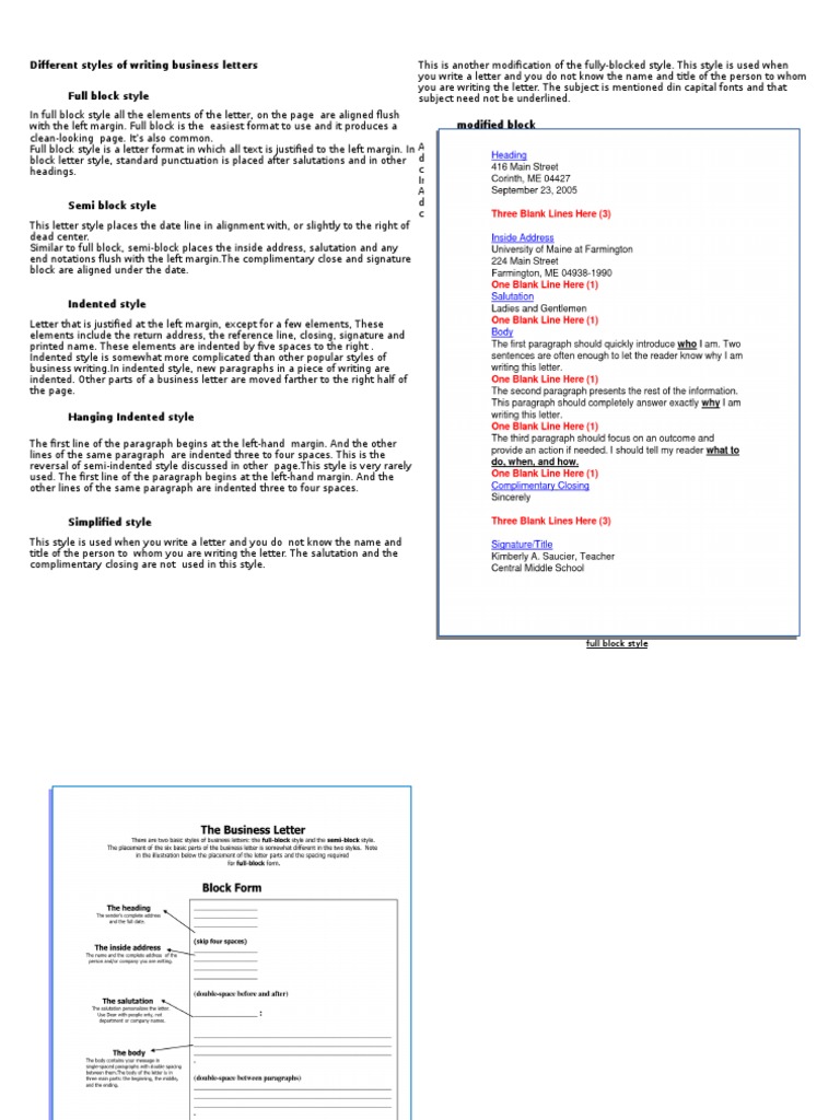 Image Of Three Types Of Letter Formats Full Block Semi Business Letter
