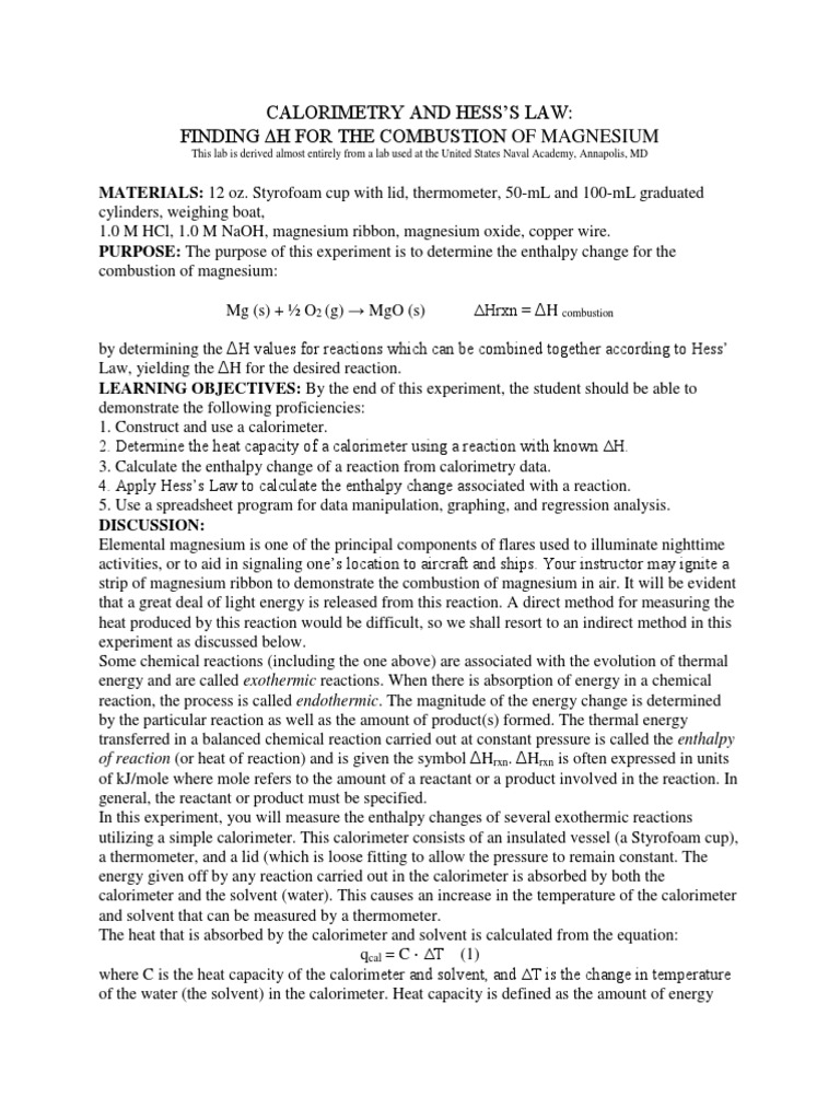 Calorimetry and Hess Law | PDF | Chemical Reactions | Heat