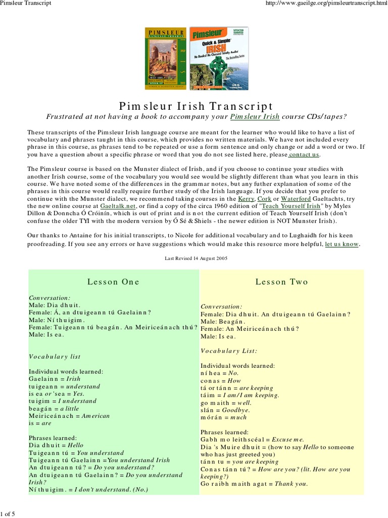 Pimsleur Irish Transcript Gaeilge - Org Learn Teach Gaelic Gaeilge ...