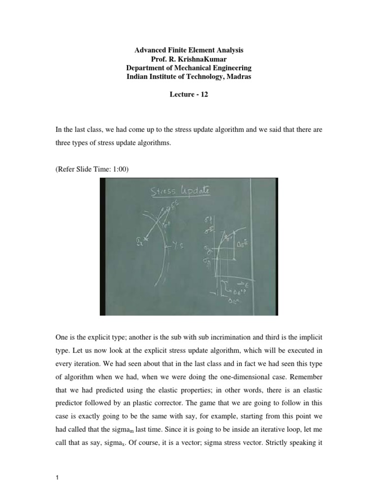 Advanced Finite Element Analysis Prof R Krishnakumar Department Of