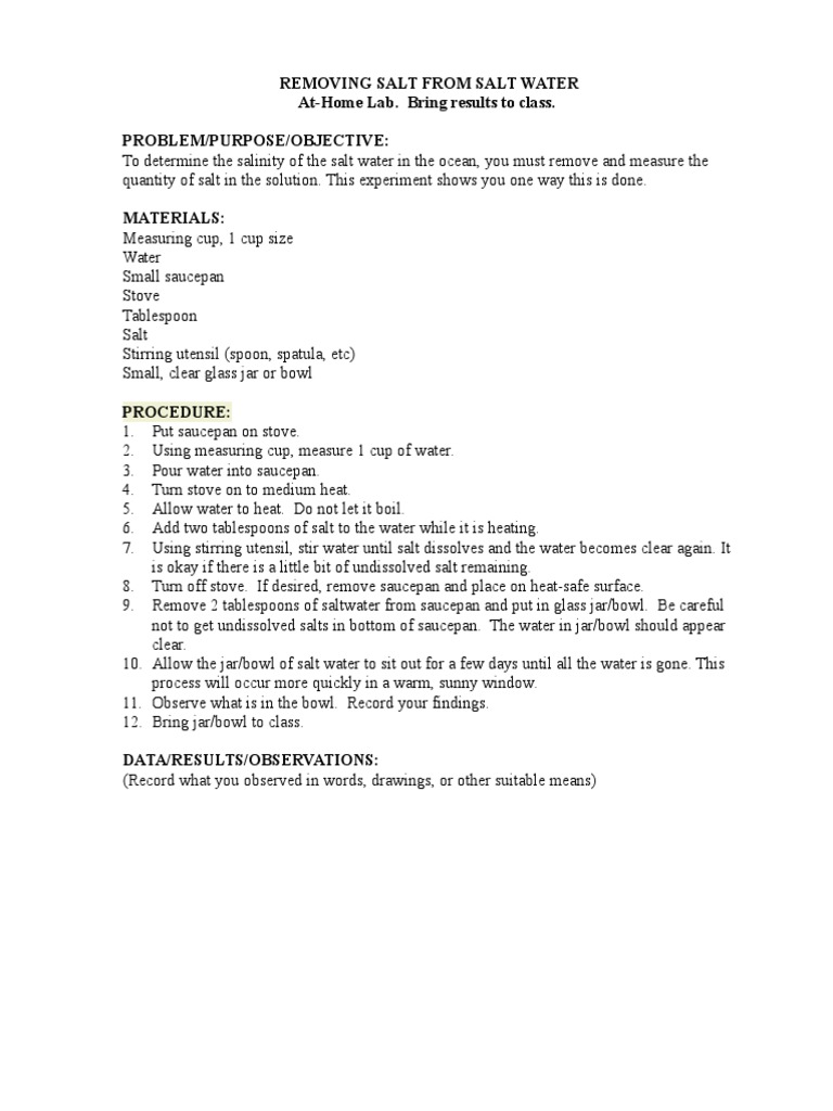 Lab3 3 Removing Salt From Water | PDF | Cooking, Food & Wine