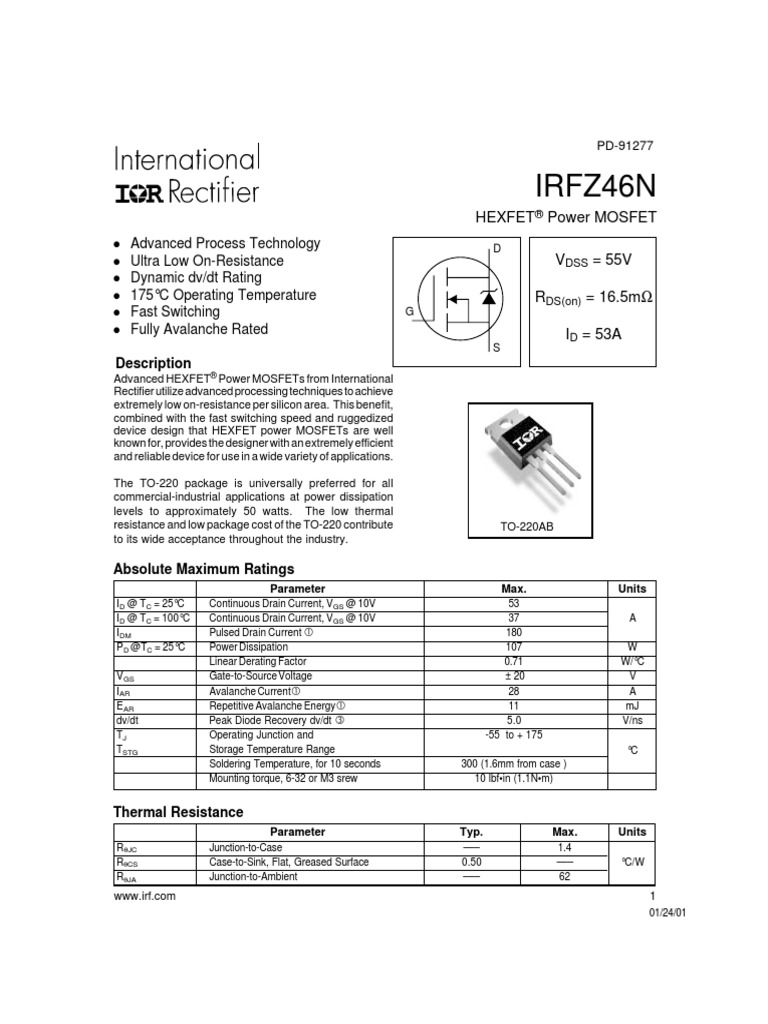 Datasheet - Irfz46n | PDF | Mosfet | Electrical Equipment