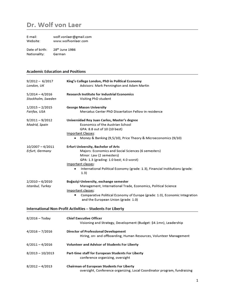 CV Wolf Von Laer | PDF | Friedrich Hayek | Political Science