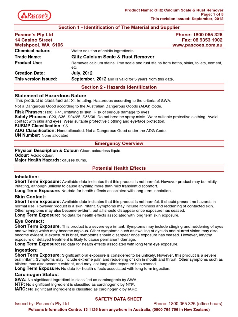 Glitz Calcium Scale and Rust Remover Msds | PDF | Personal Protective ...