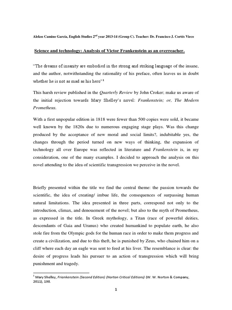 Science and Technology - Analysis of Victor Frankenstein As An ...