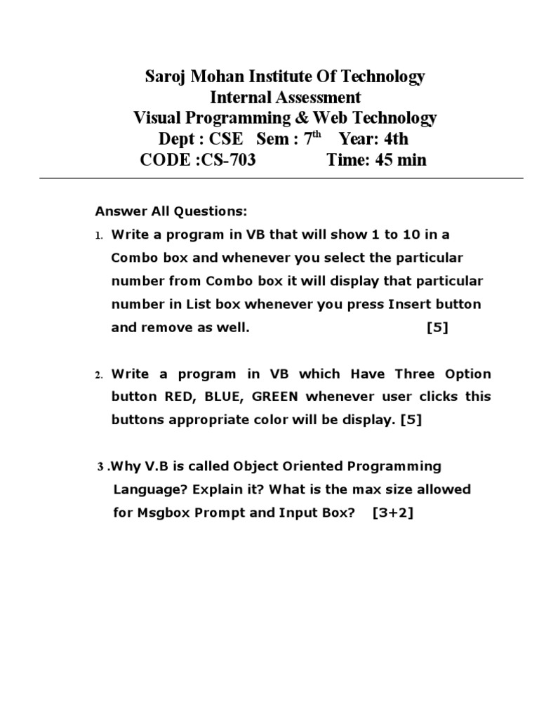 VB Programming Assessment Questions | PDF | Computers