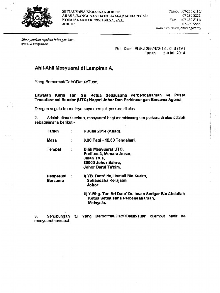 CONTOH SURAT Lawatan Kerja Tan Sri KSP Ke UTC Johor Dan Perbincangan ...