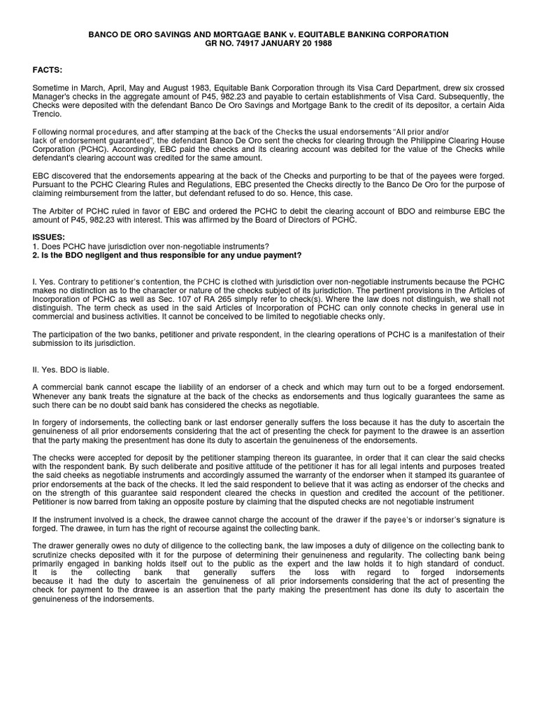 Liability of Collecting Bank for Forged Endorsements on Checks Cleared ...