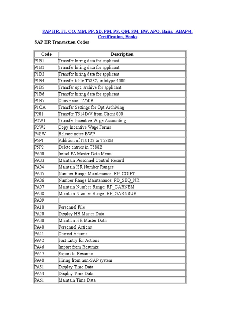 SAP HR Transaction Codes Code Description | PDF | Business