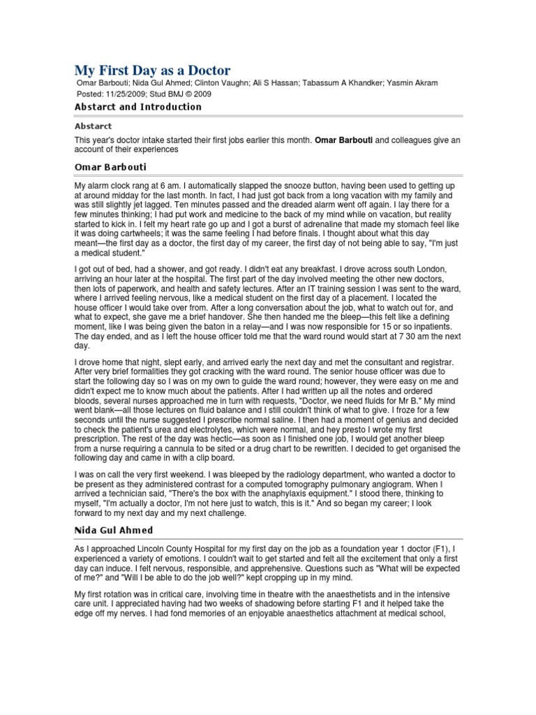 My First Day As A Doctor | PDF | Anesthesia | Hospital