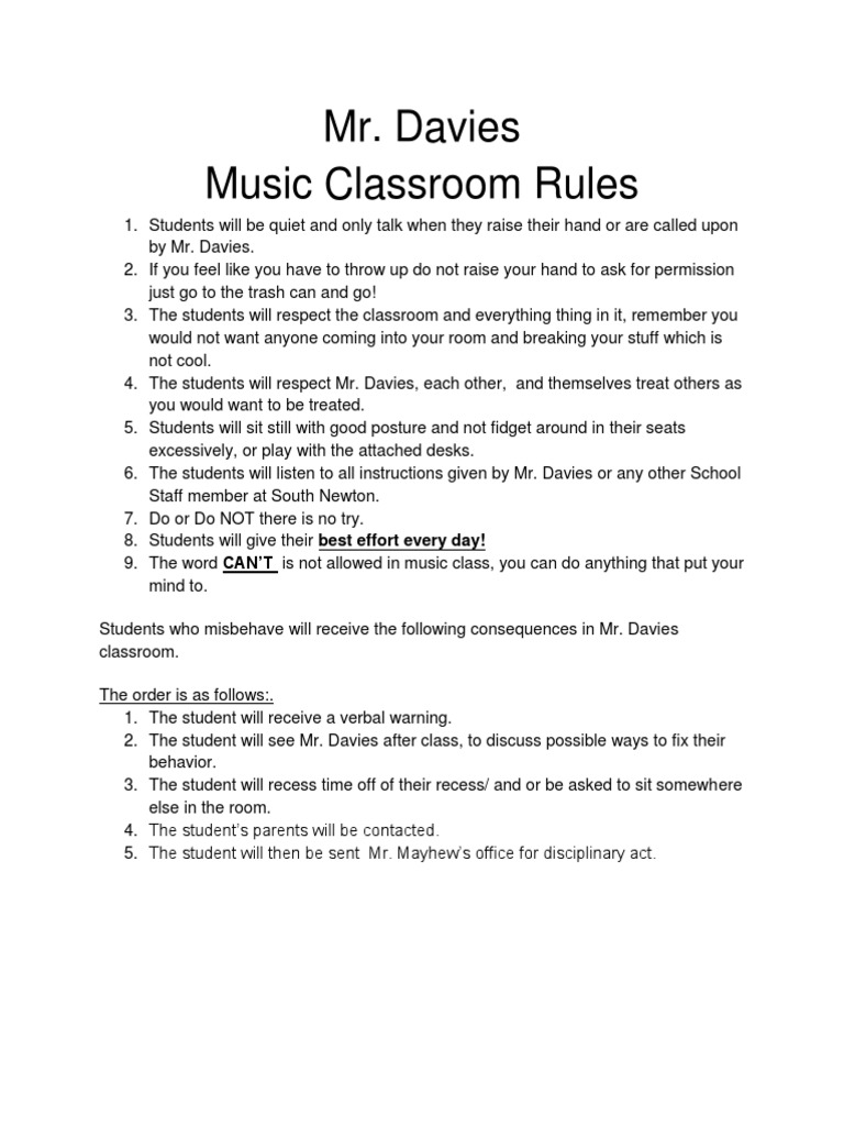 Music Class Rules & Consequences | PDF