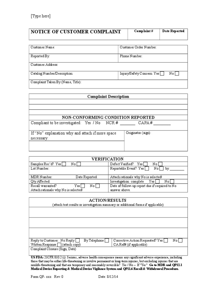 FDA Medical Device Complaint Form