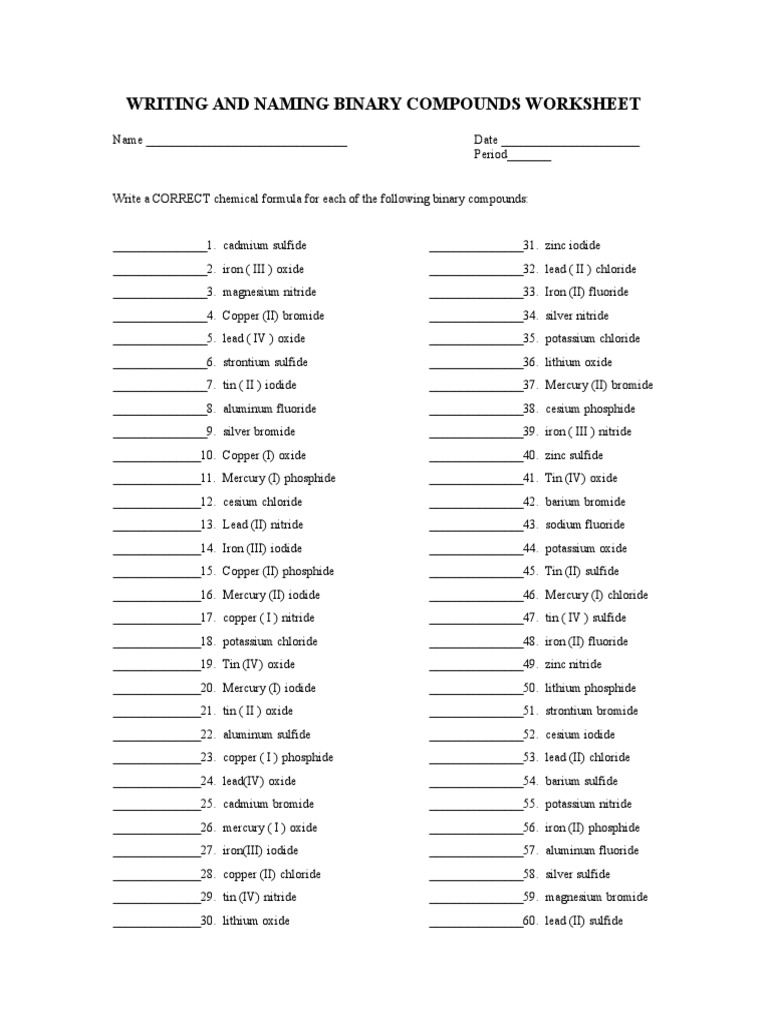 Writing and Naming Binary Compounds Worksheet | PDF