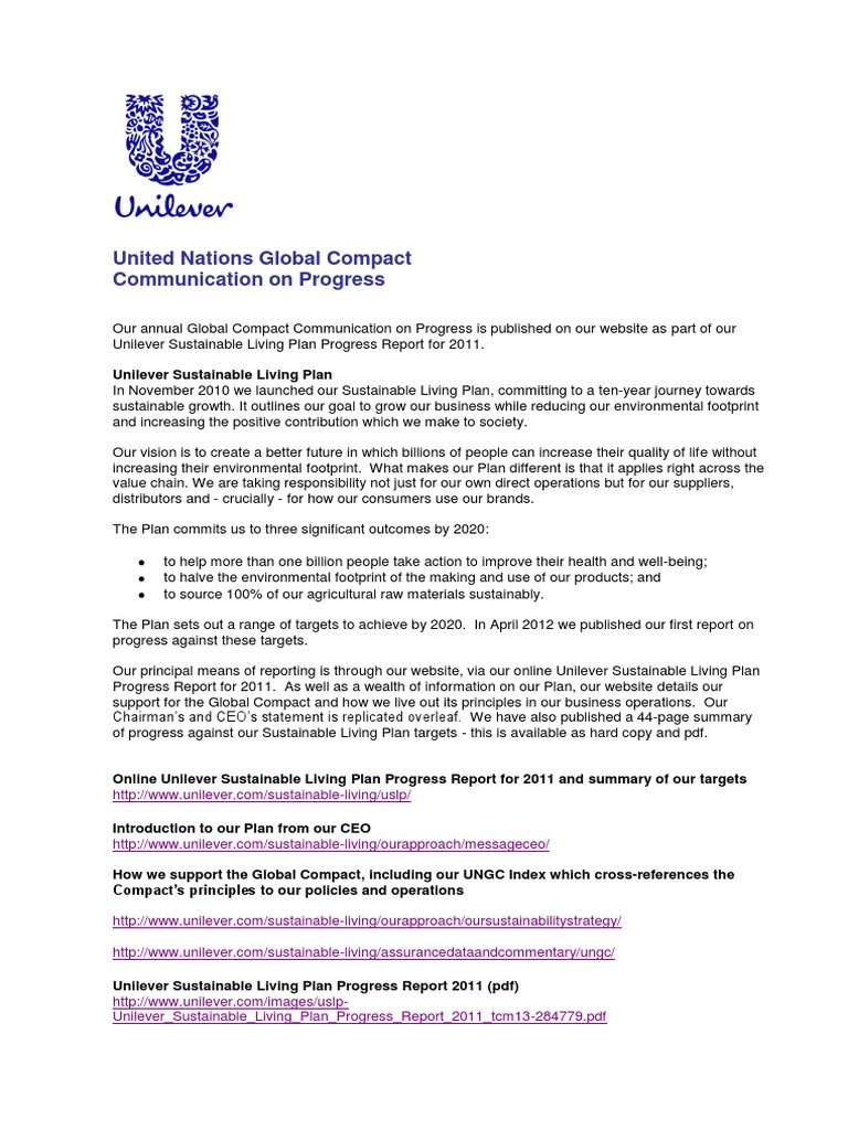 Communication On Progress 2012 | PDF | Unilever | Sustainability