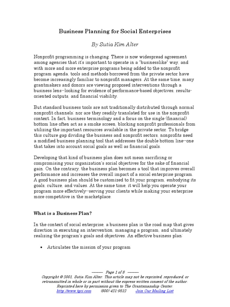 Business Planning For Social Enterprises | PDF | Business Plan ...