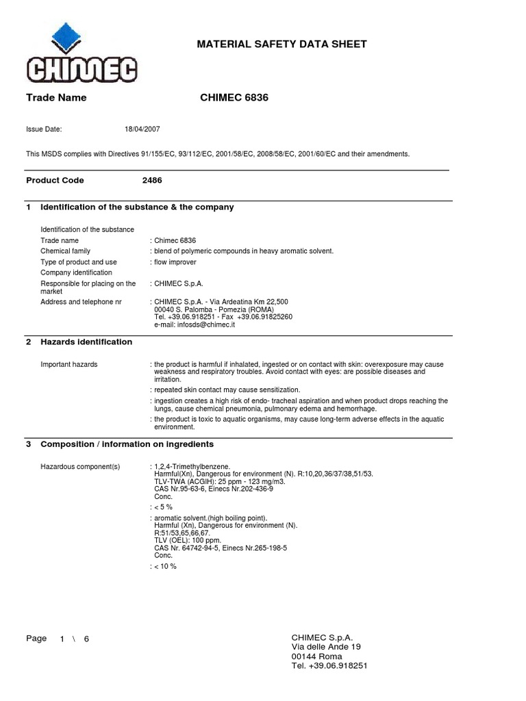 MSDS - CHIMEC 6836 - Paraffin Dispersant | PDF | Toxicity | Dangerous Goods