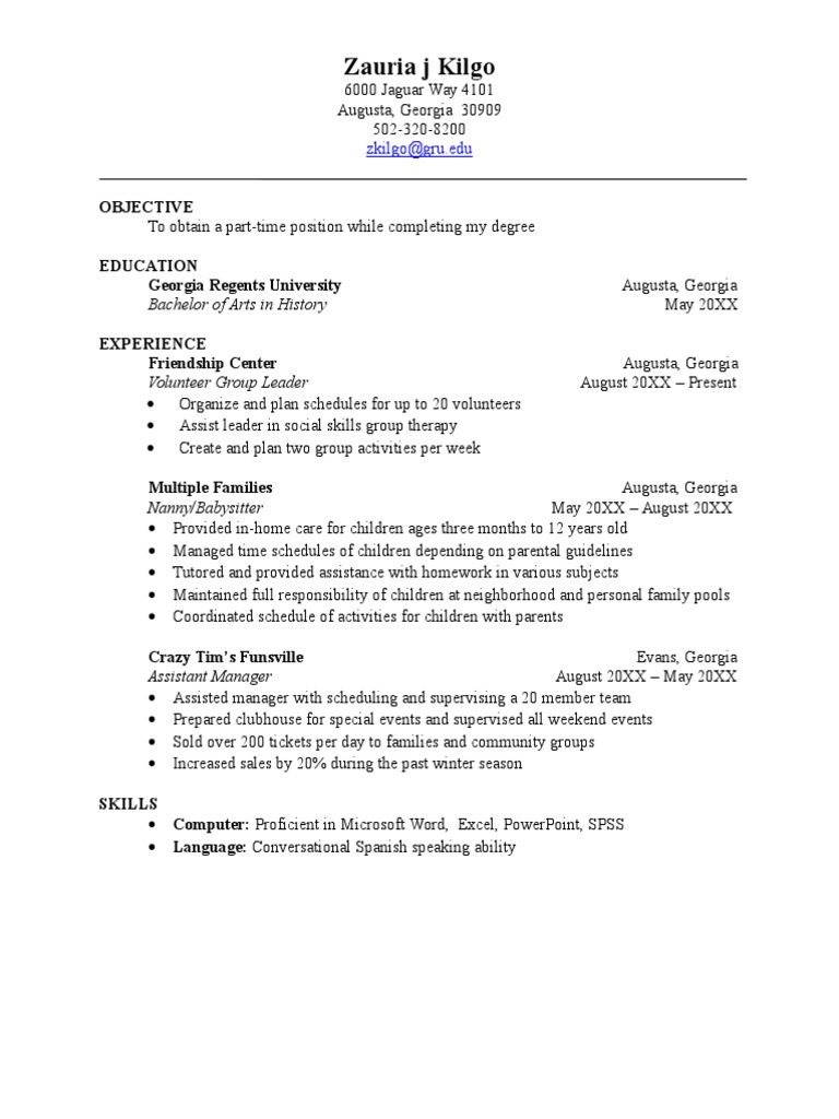 Zauria Kilgo's Resume for Part-Time Work | PDF