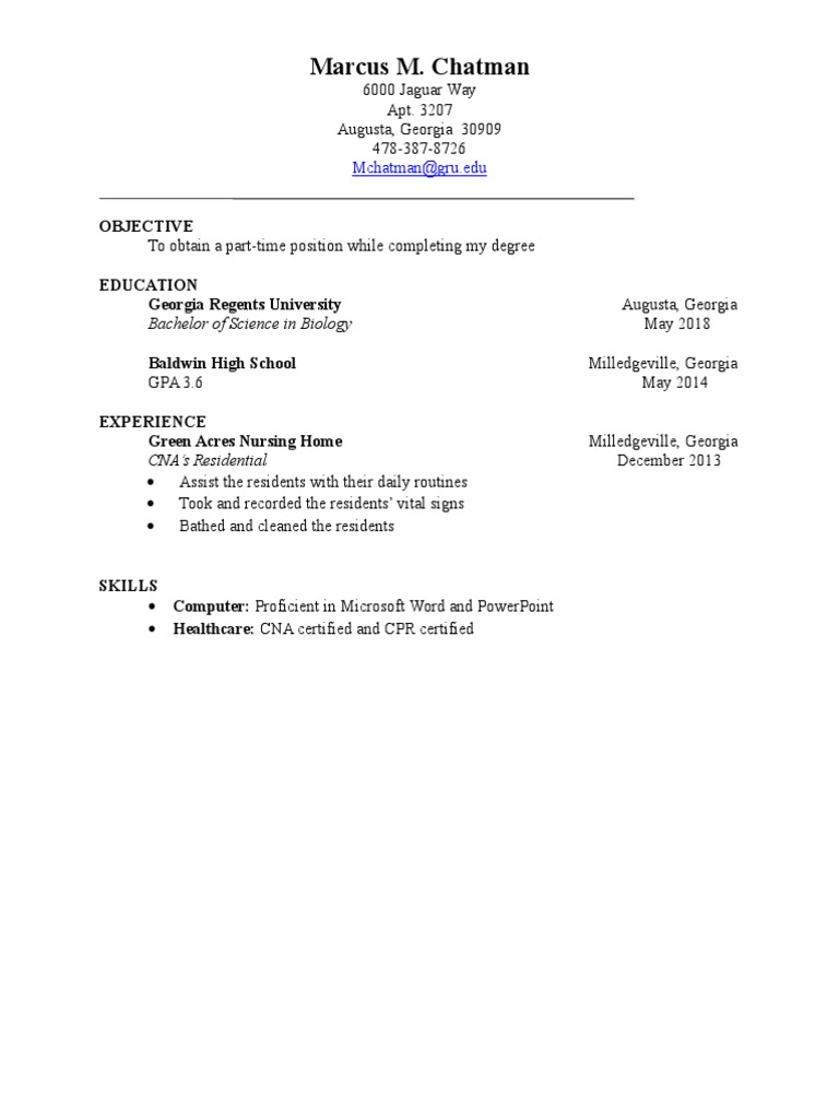 Part-Time Job Seeker with CNA Experience | PDF