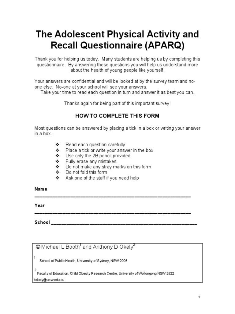 APARQ Questionnaire | PDF | Workweek And Weekend | Wellness