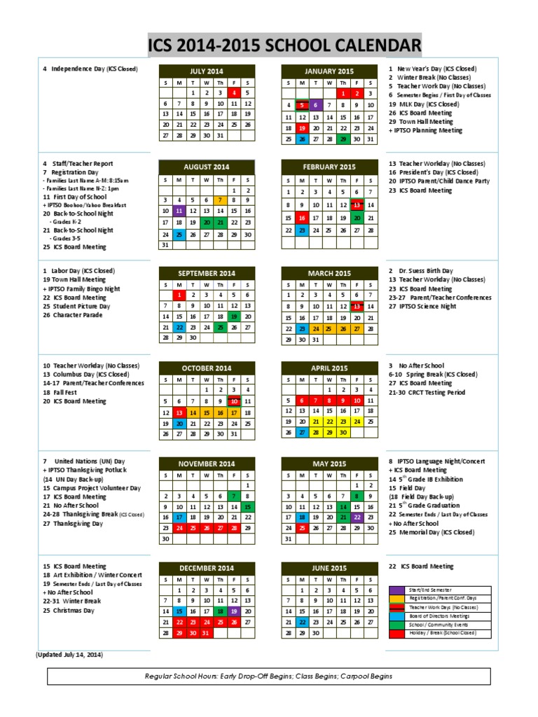 2014-2015 Ics School Calendar Updated July 2014 | PDF | Academic Term ...