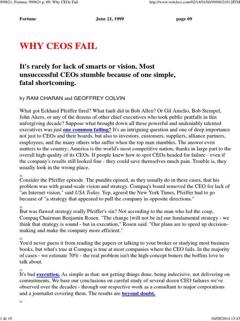 Why CEOs Fail - RAM CHARAN and GEOFFREY COLVIN PDF | PDF | Chief Executive Officer | Chief ...