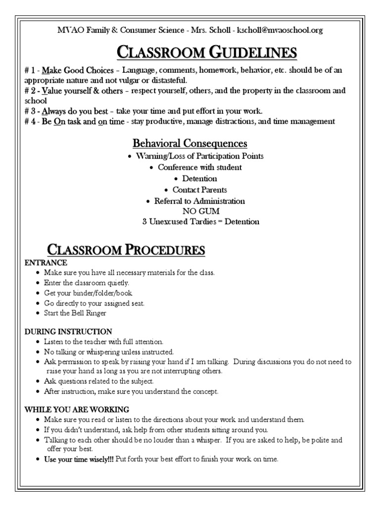 Classroom Rules Procedures Handout | PDF | Homework | Schools