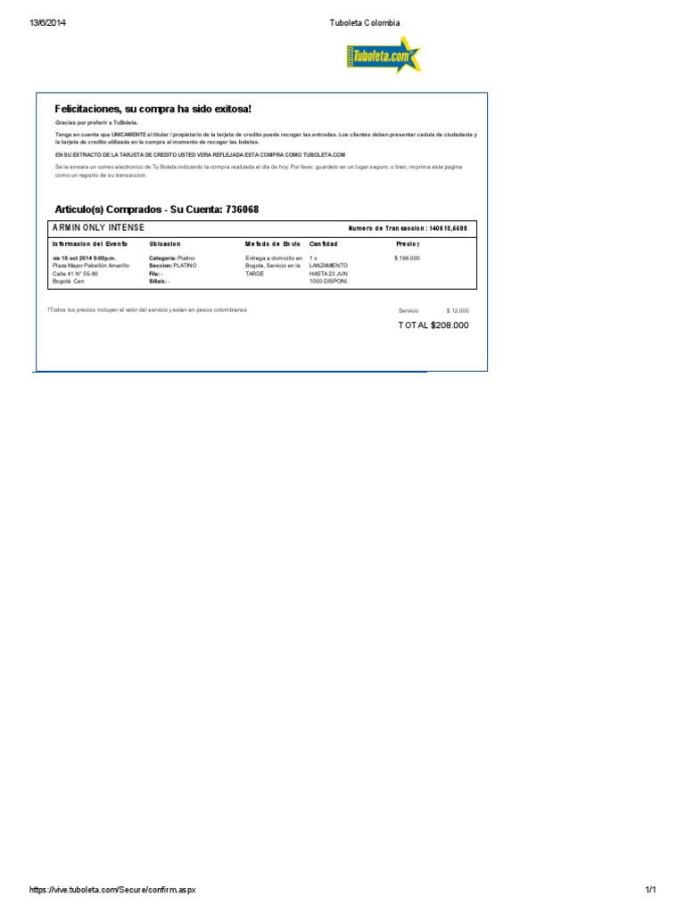 Confirmación de Compra en TuBoleta | PDF