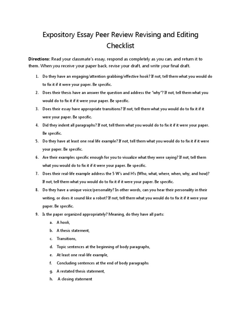 Expository Essay Peer Review Checklist | PDF | Paragraph | Essays