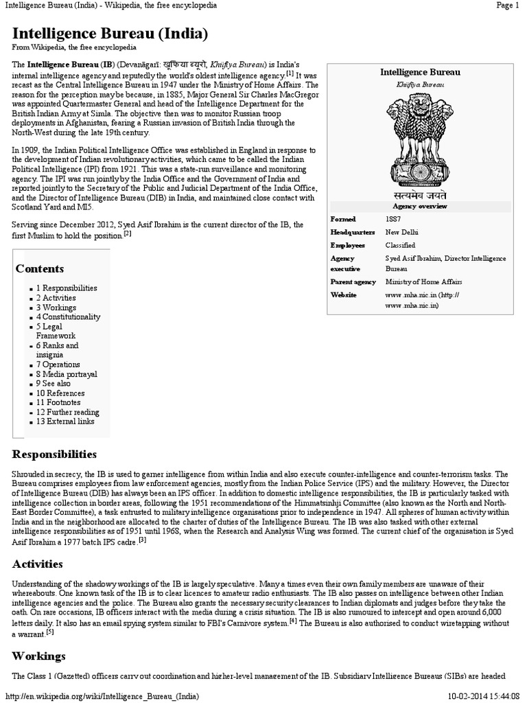Intelligence Bureau (India) - Wikipedia, The Free Encyclopedia | PDF ...