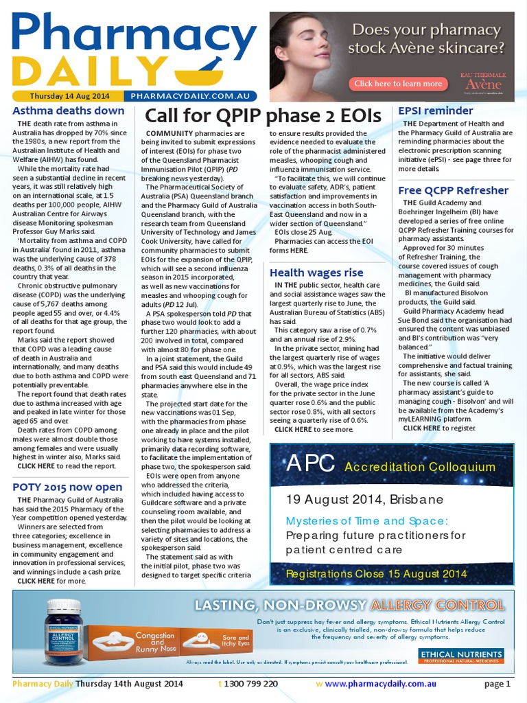 Pharmacy Daily For Thu 14 Aug 2014 - Call For QPIP Phase 2 EOIs ...