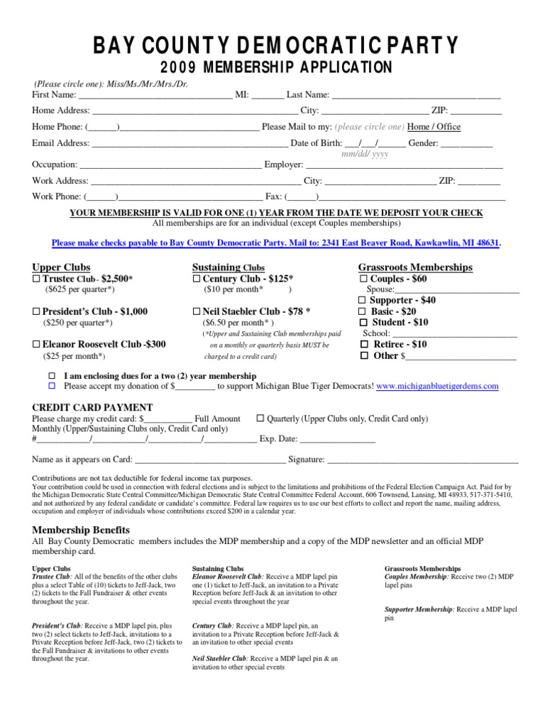 Bay County Democratic Party Membership Form | PDF | Michigan | Credit Card