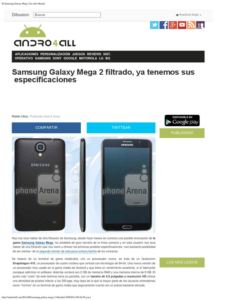 El Samsung Galaxy Mega 2 Ha Sido Filtrado | PDF | Android (sistema operativo) | Microprocesador