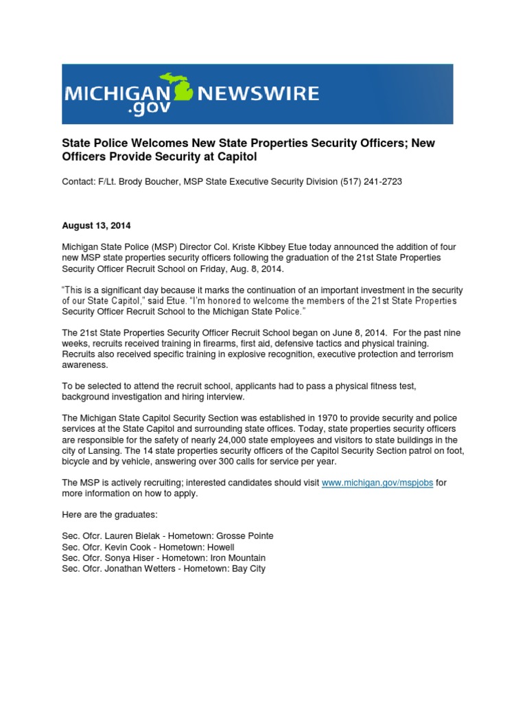 New Officers Secure Michigan Capitol | PDF | Security Guard | Police