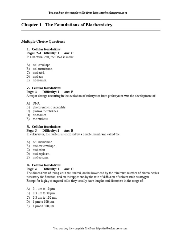 Biochemistry - Chapter 1 Test Bank | PDF | Cell Membrane | Cell (Biology)