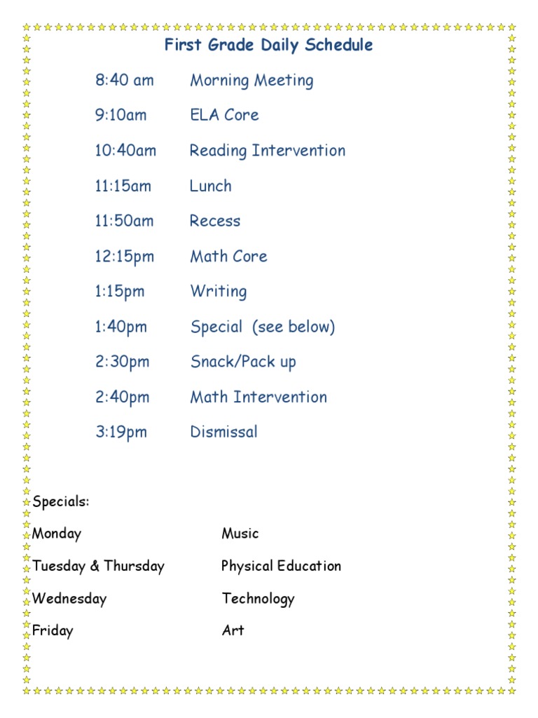 First Grade Daily Schedule Overview | PDF | Art