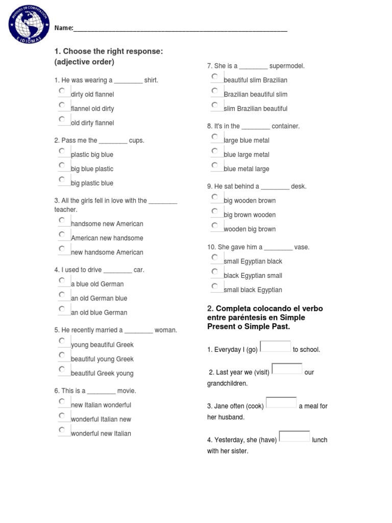 Choose The Right Response: (Adjective Order) : Name | PDF