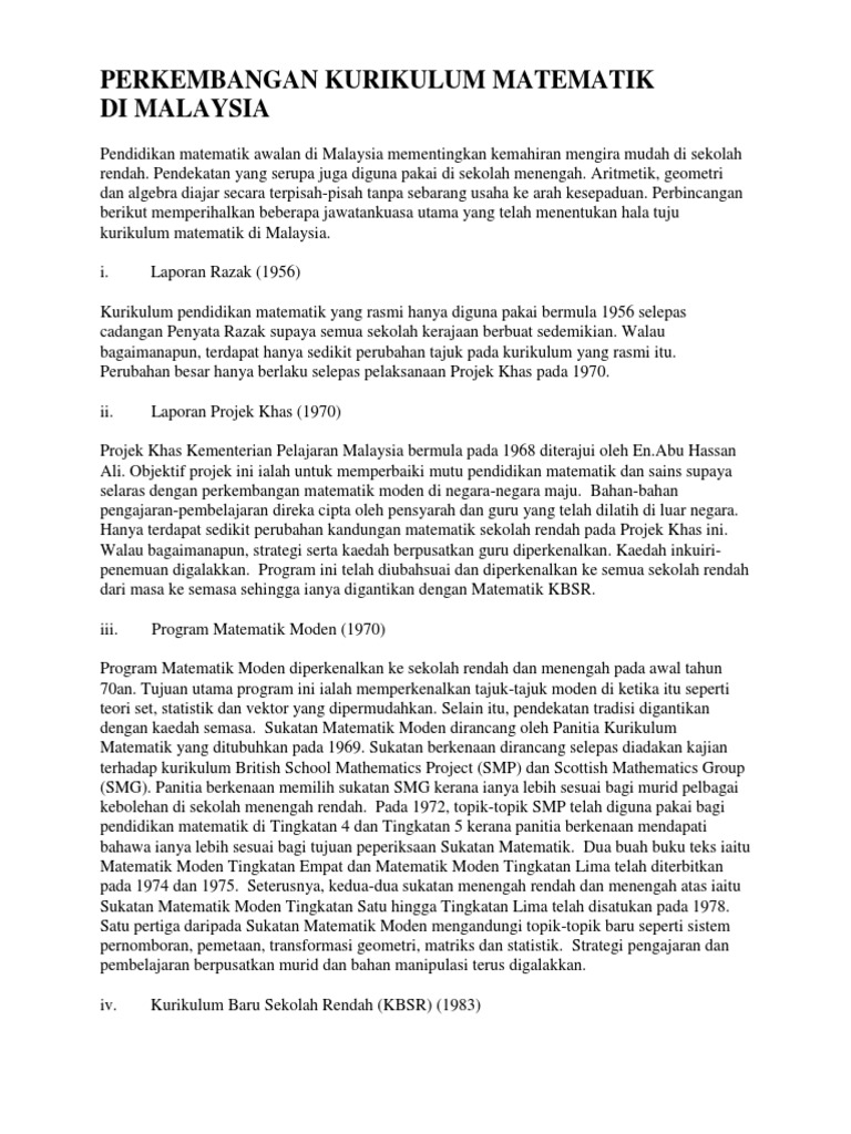 Perkembangan Kurikulum Matematik Di Malaysia | PDF
