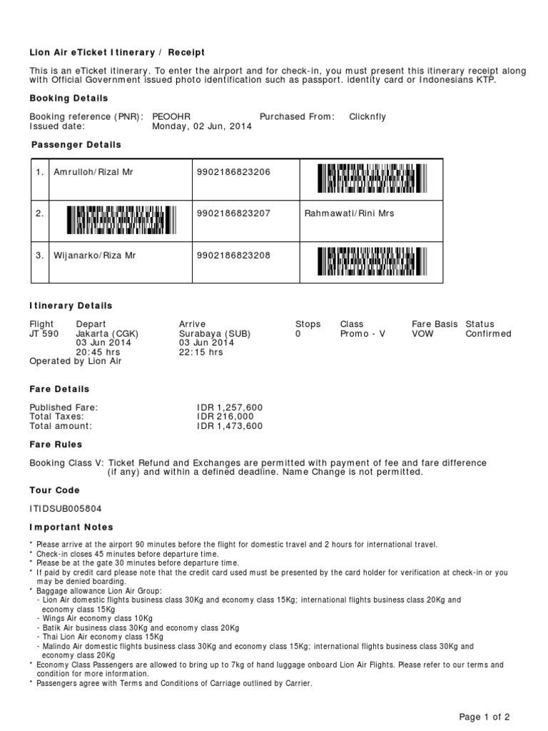 Lion Air Eticket Itinerary / Receipt | PDF | Business Class | Aviation