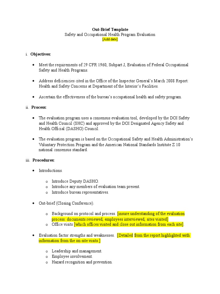 Out Brief Template | PDF | Occupational Safety And Health | Evaluation