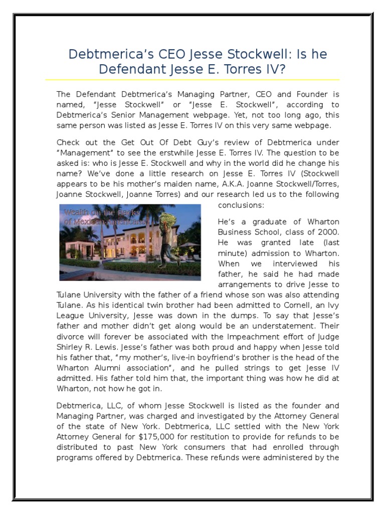 Debtmerica's CEO Jesse Stockwell - Is He Defendant Jesse E. Torres IV | PDF