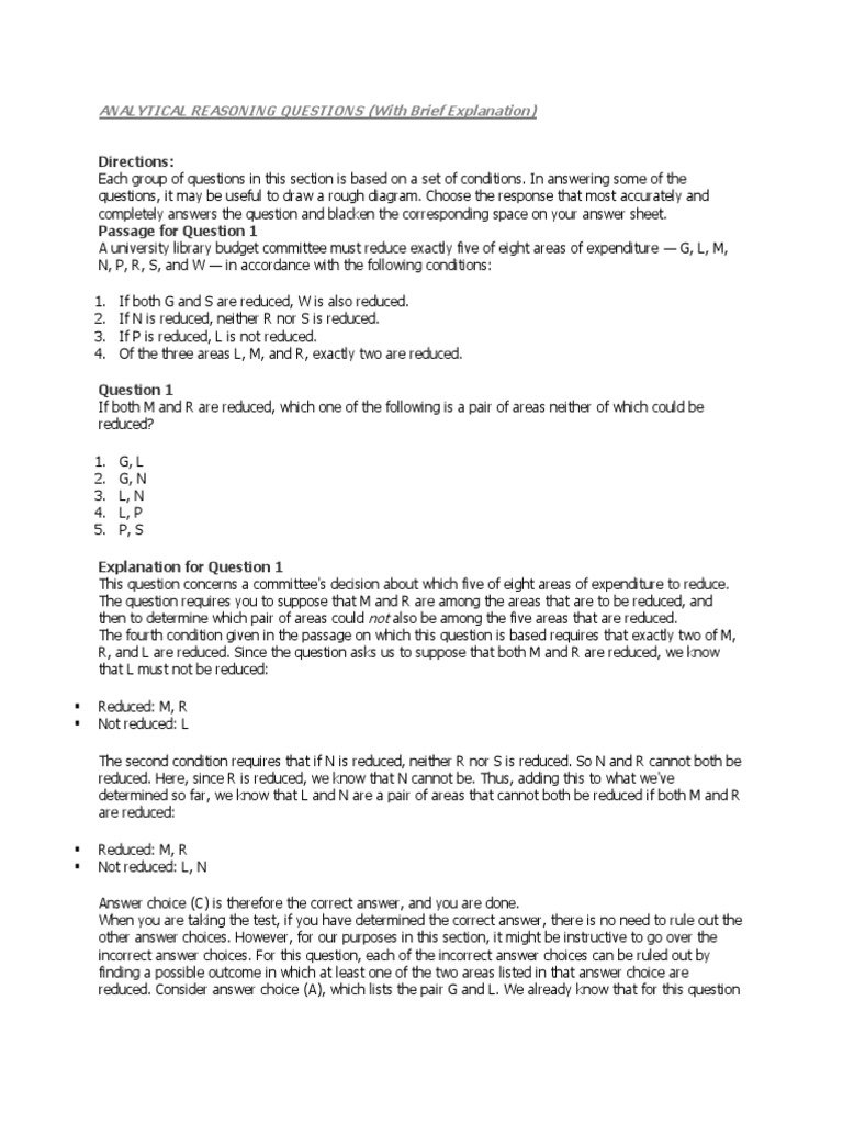 ANALYTICAL REASONING QUESTIONS (With Brief Explanation) : Directions | PDF | Law School ...