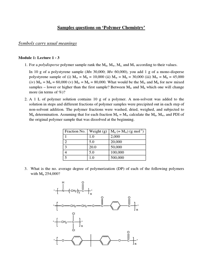 polymer practice problems | Polymers | Polymerization