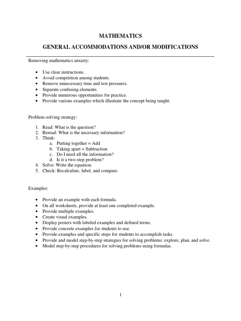 Mathematics General Accommodations And/Or Modifications | PDF ...